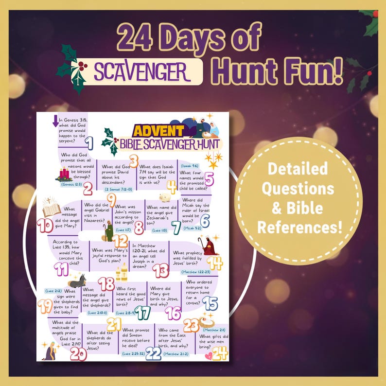 Advent Bible Scavenger Hunt Printable, 24 Days of Christmas Activity ...