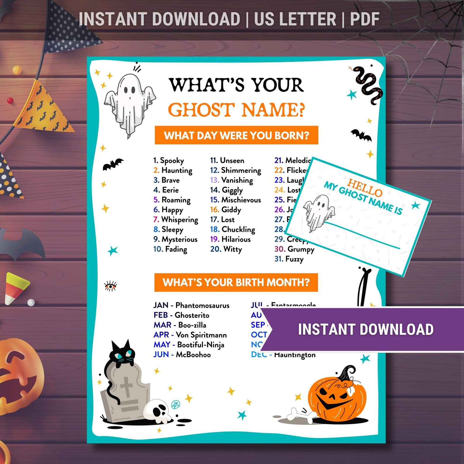 Halloween Ghost Name Game, What's Your Ghost Name Game WITH NAMETAGS ...