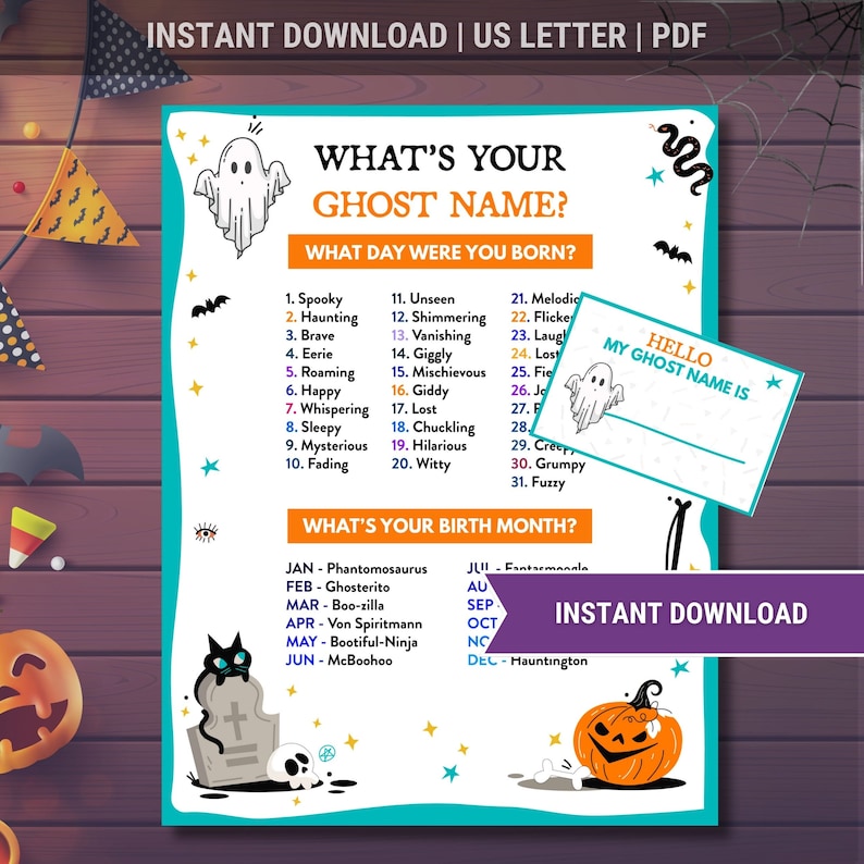 Halloween Ghost Name Game, What's Your Ghost Name Game WITH NAMETAGS ...