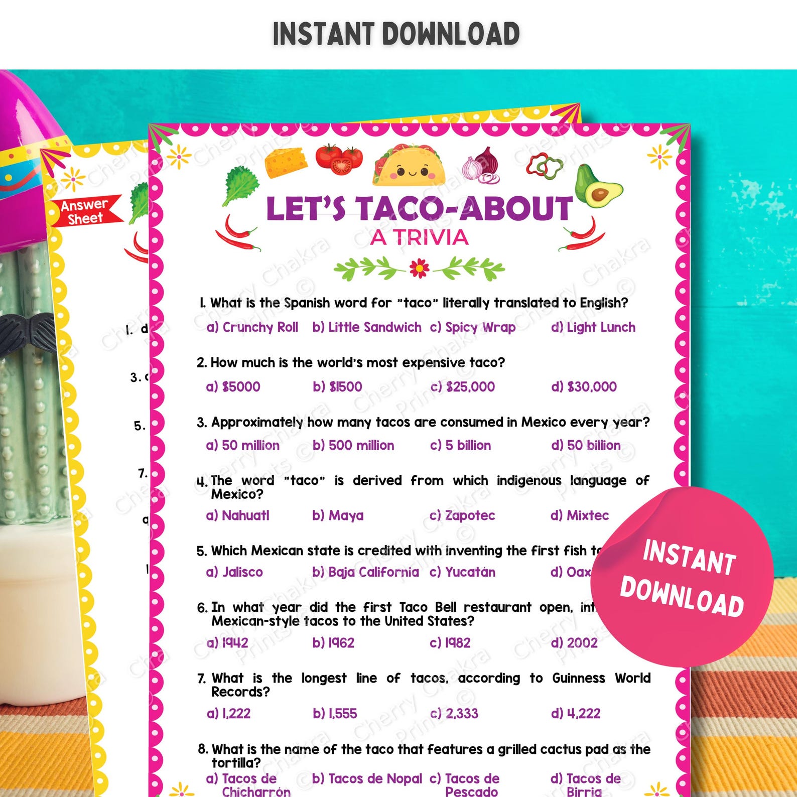 Fiesta Taco Trivia | Mexican Fiesta Printable Games | Tacos Fact or ...