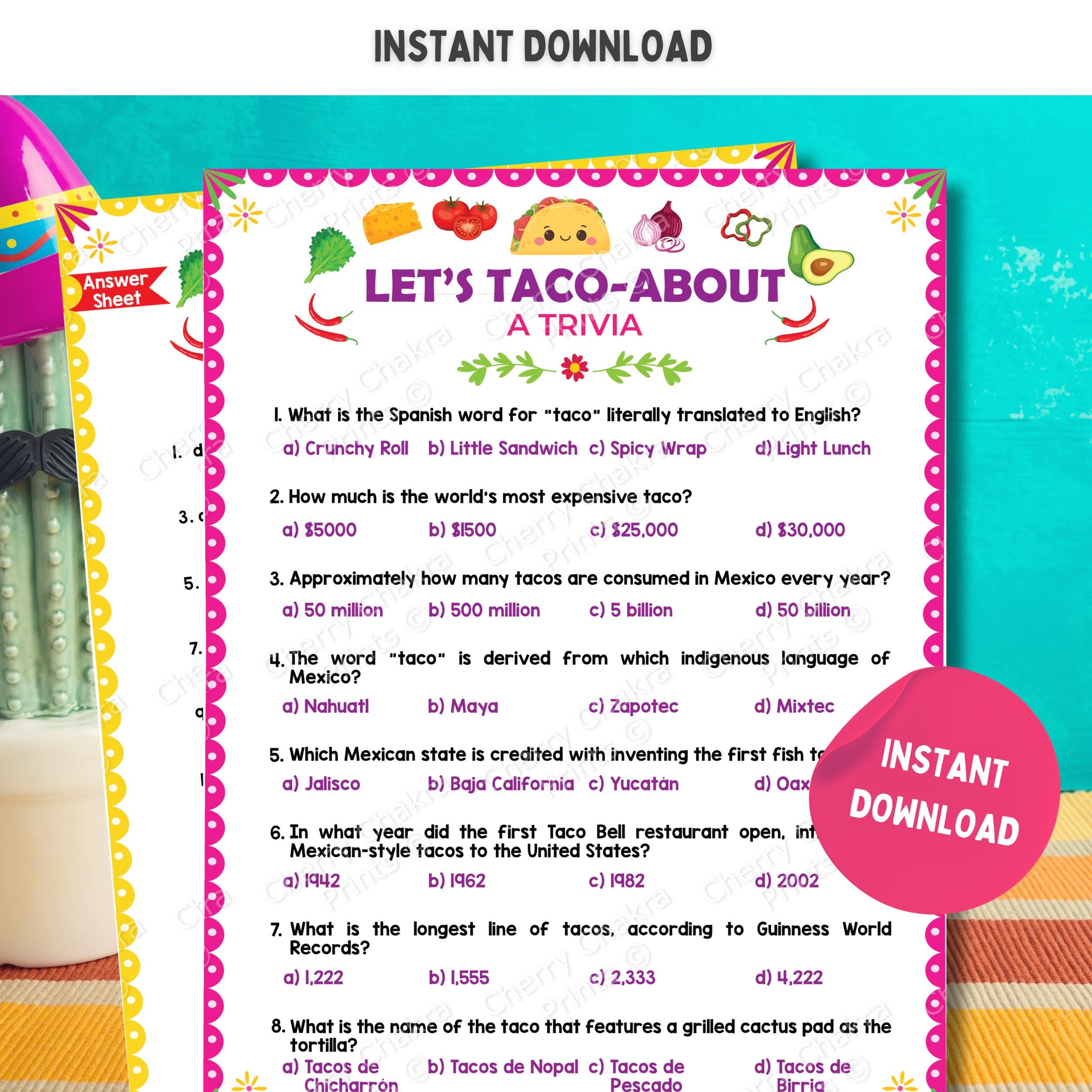 Fiesta Taco Trivia | Mexican Fiesta Printable Games | Tacos Fact or ...