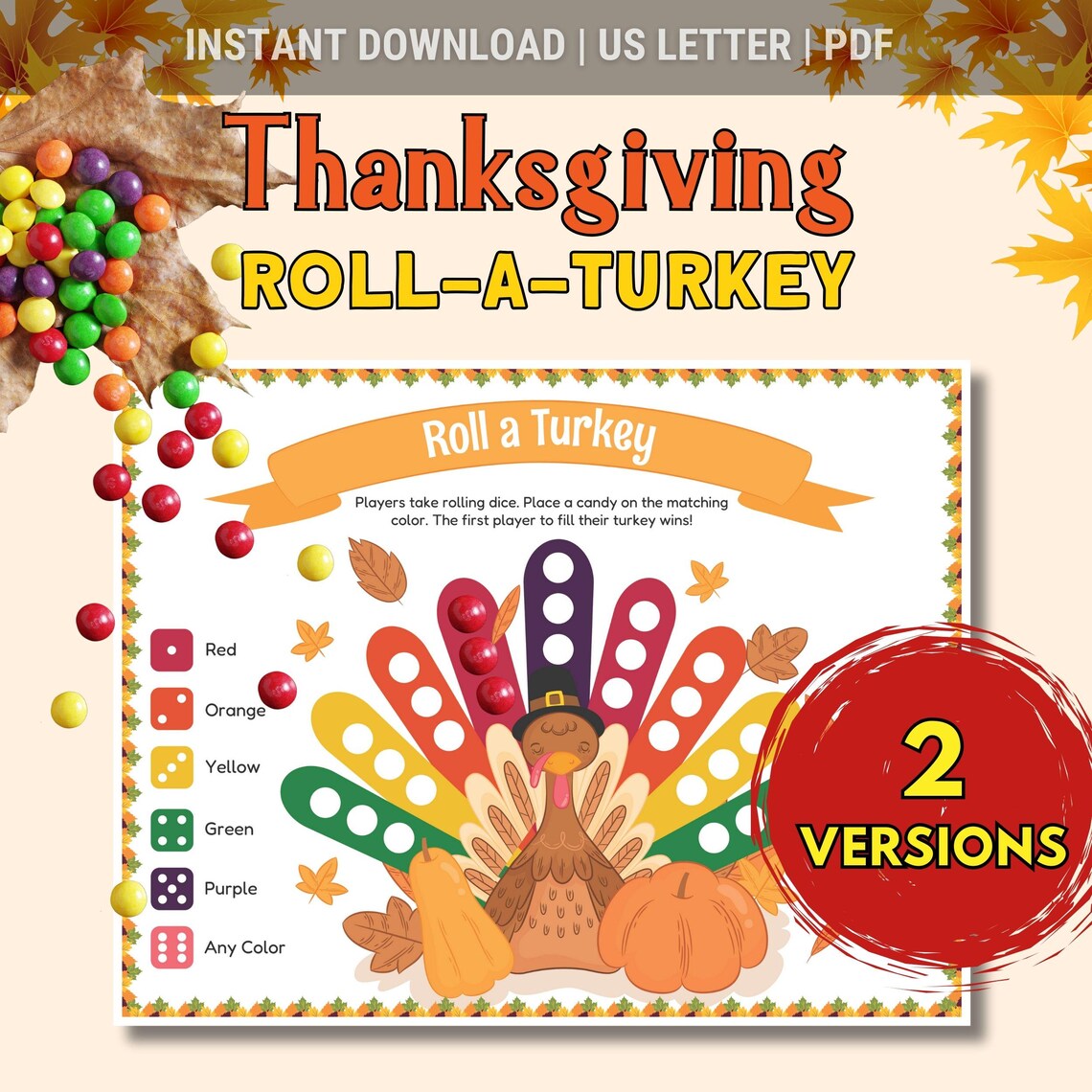 Roll A Turkey Dice Game, Thanksgiving Printable Game for Kids, Fall ...