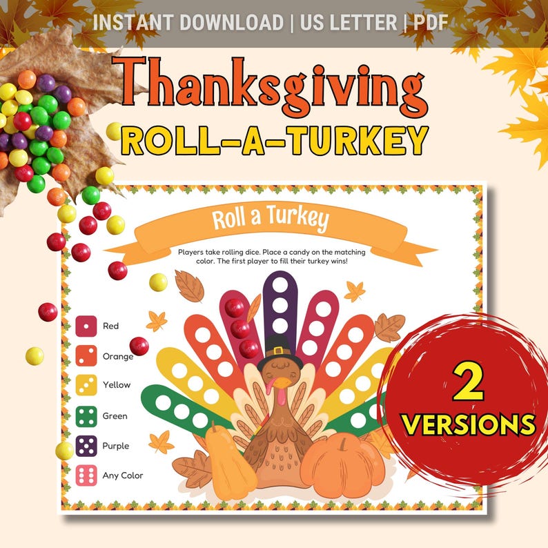 Roll A Turkey Dice Game, Thanksgiving Printable Game for Kids, Fall ...