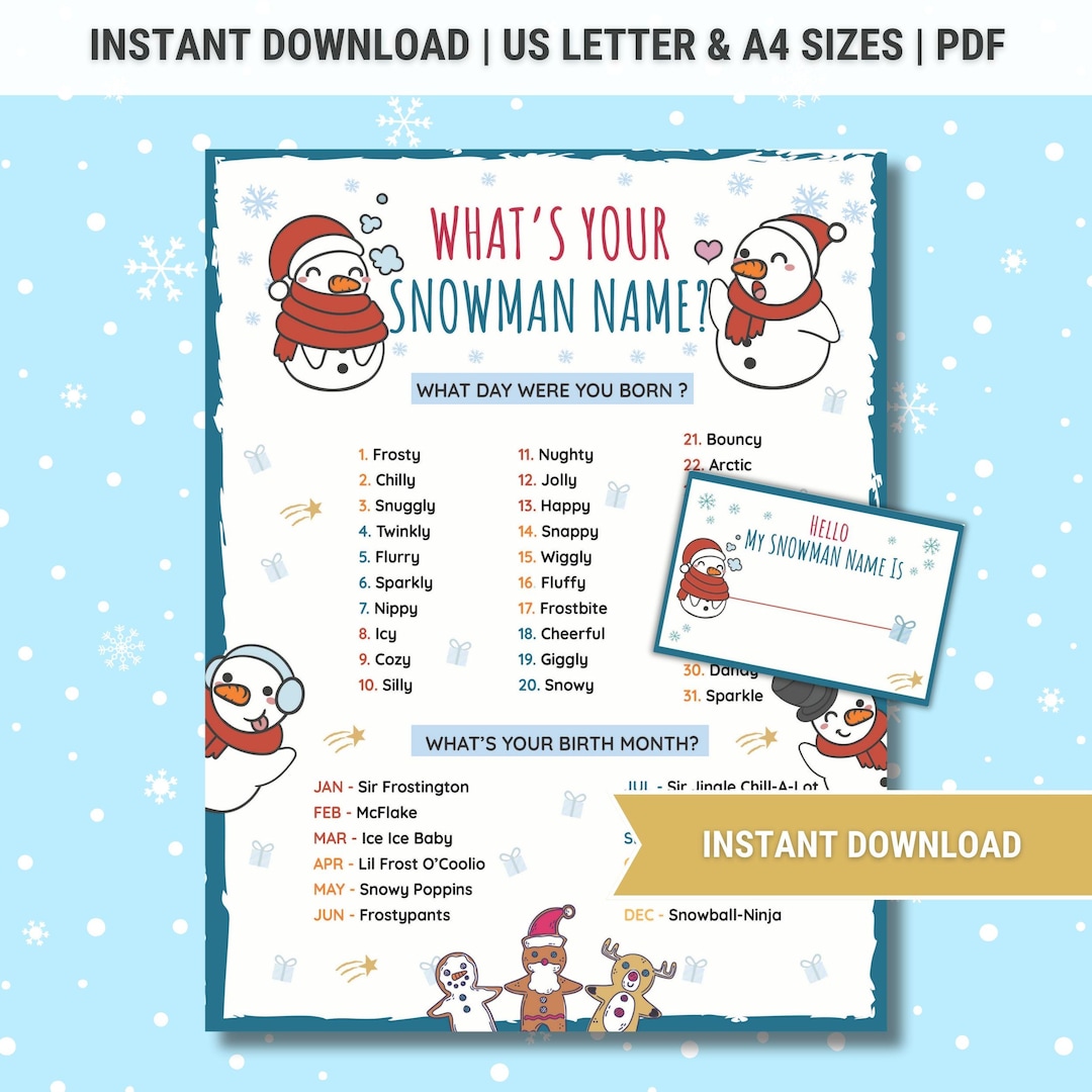 What's Your Snowman Name Game With Name Tags & Sign, Fun Christmas Kids ...