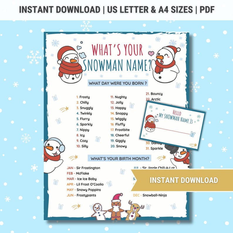 What's Your Snowman Name Game With Name Tags & Sign, Fun Christmas Kids ...