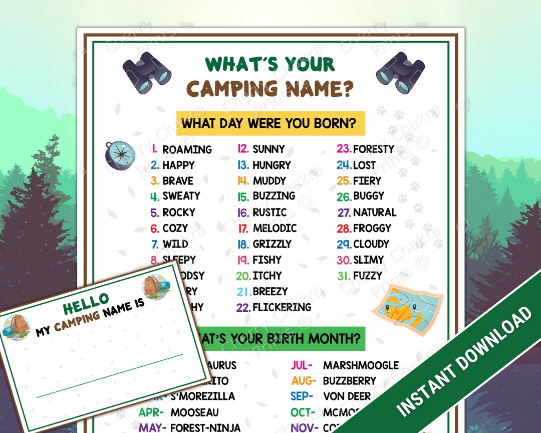 What's Your Camping Name Game WITH NAMETAGS & SIGN | Camping Birthday ...