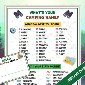 What's Your Camping Name Game WITH NAMETAGS & SIGN | Camping Birthday ...