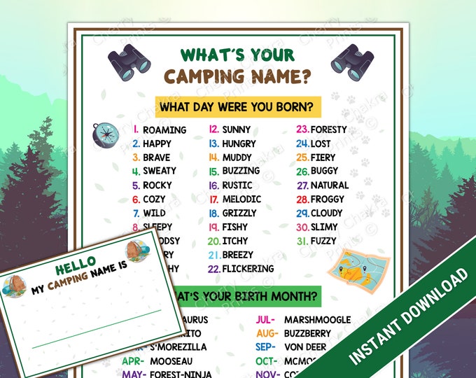 What's Your Camping Name Game WITH NAMETAGS + SIGN, Camping Birthday ...