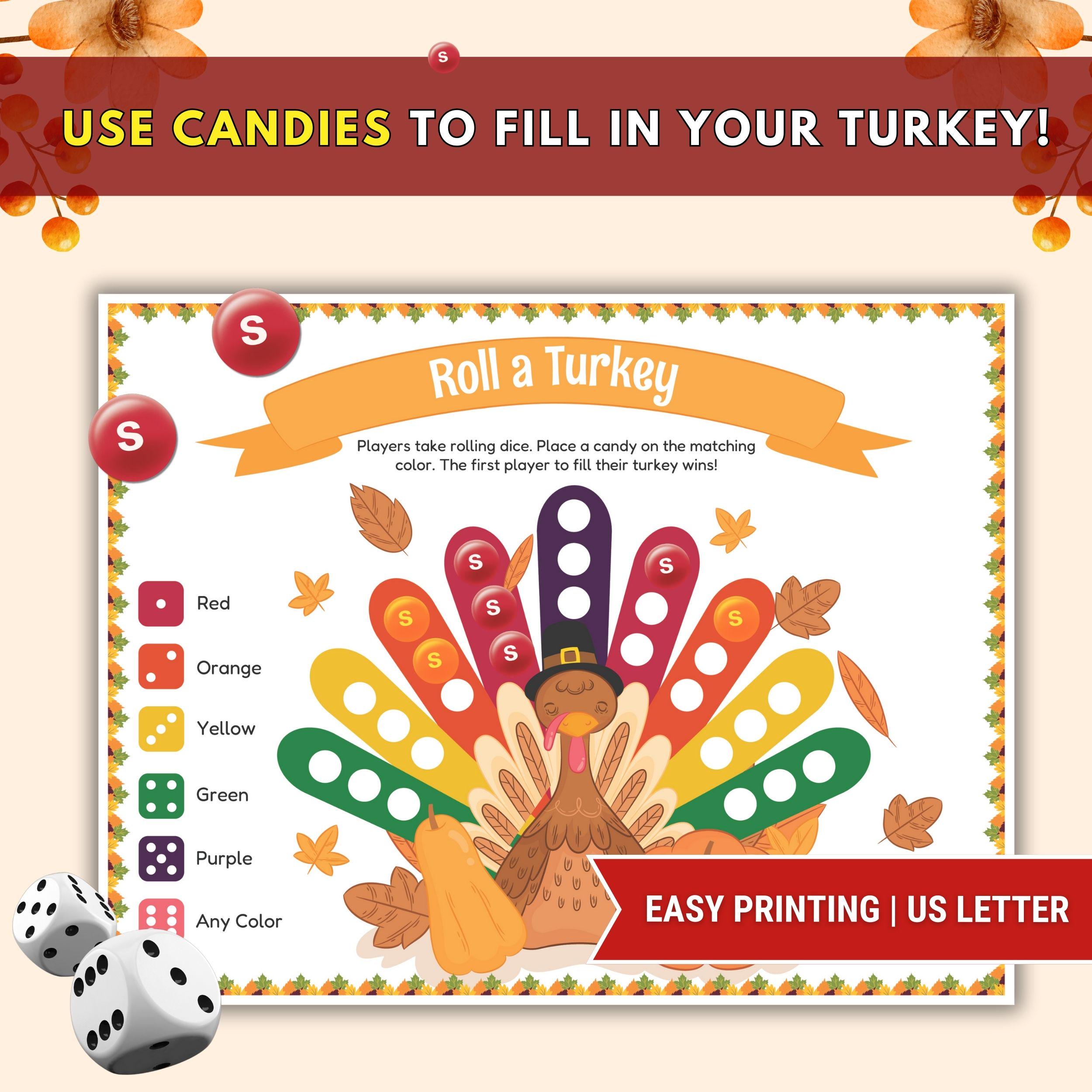 Roll A Turkey Dice Game, Thanksgiving Printable Game for Kids, Fall ...