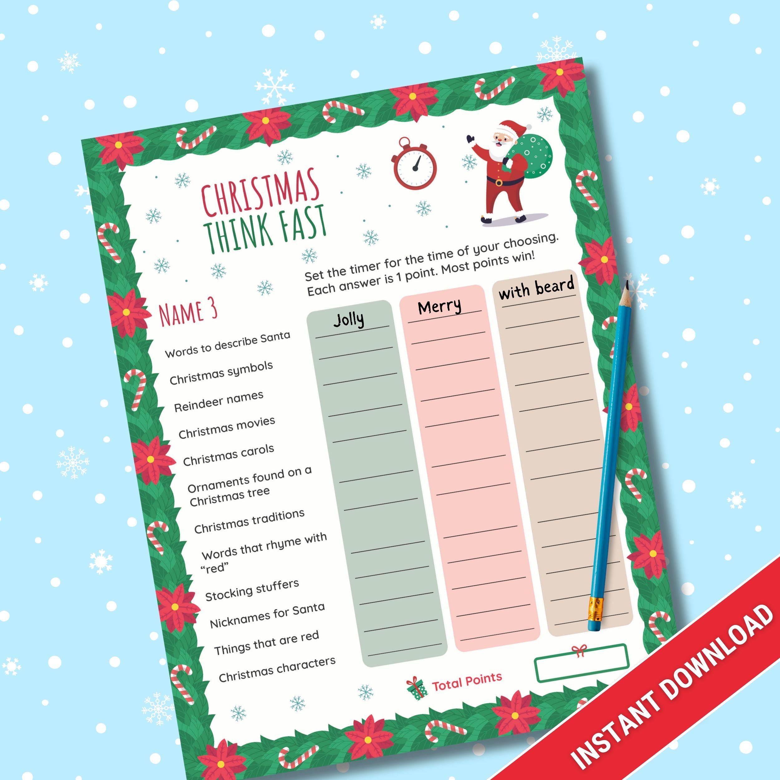 Christmas Think Fast Game, Christmas Think Quick Game, Christmas Word ...