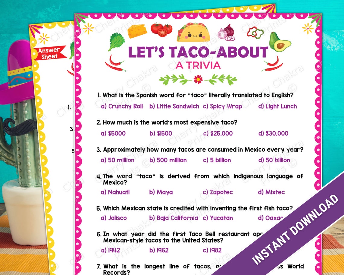 Fiesta Taco Trivia Mexican Fiesta Printable Games Tacos Fact or Fiction ...