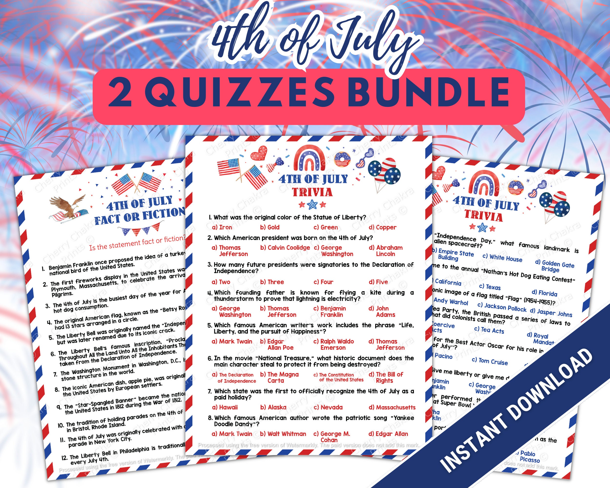 4th of July Patriotic Trivia Quiz Game Bundle, Printable Independence ...