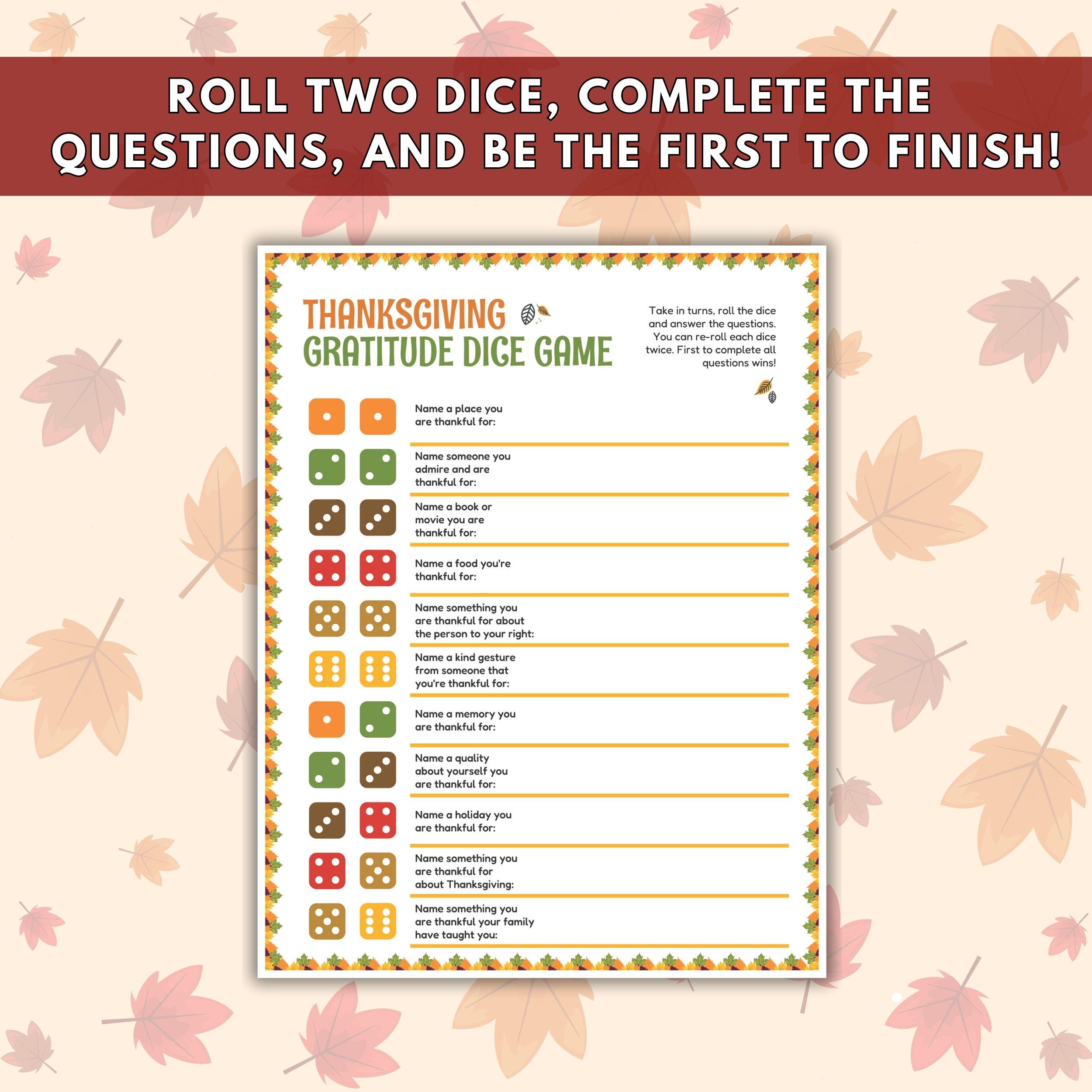 Thanksgiving Gratitude Dice Game, Thanksgiving Printable Game for Kids ...