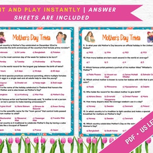 Mother's Day Trivia Quiz Game Bundle | Printable Mother's Day Party ...