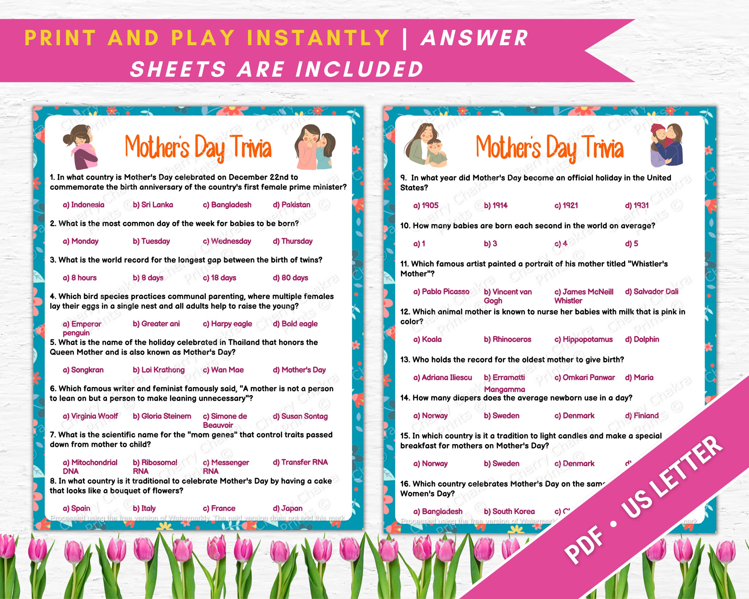Mother's Day Trivia Quiz Game Bundle | Printable Mother's Day Party ...
