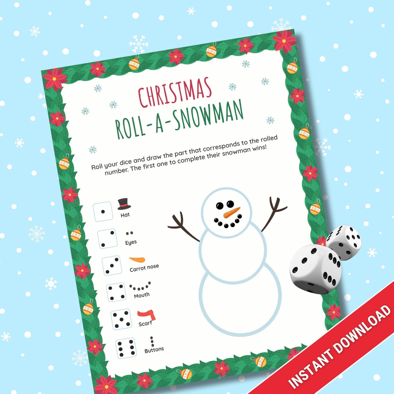 Fun Christmas Roll A Tree & Roll A Snowman Game Bundle, Printable Dice ...