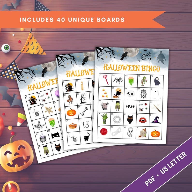 40 Printable Halloween Bingo Cards - Fun Halloween Party Group Game ...