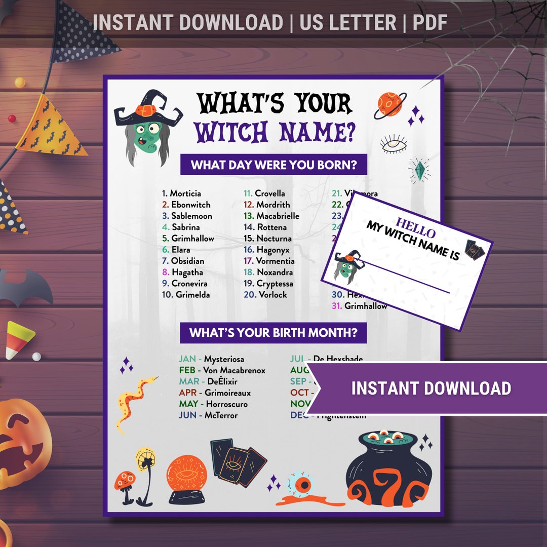 Halloween Witch Name Game, What's Your Witch Name Game WITH NAMETAGS ...