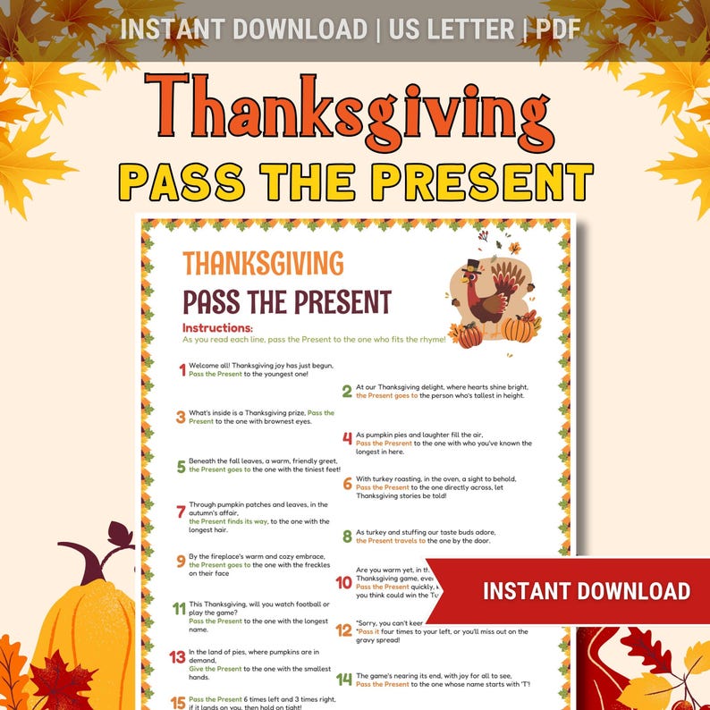 Fun Thanksgiving Pass the Present Game, Thanksgiving Game Printable ...