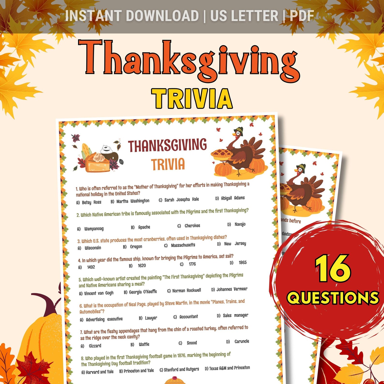 Fun Thanksgiving Trivia Game, Turkey Day Trivia Game, Thanksgiving ...