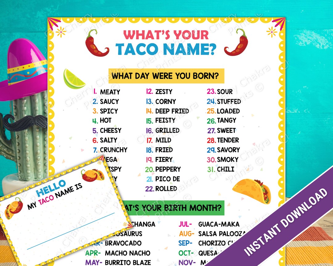 What's Your Taco Name Game, Cinco De Mayo Party Games, Mexican Taco ...