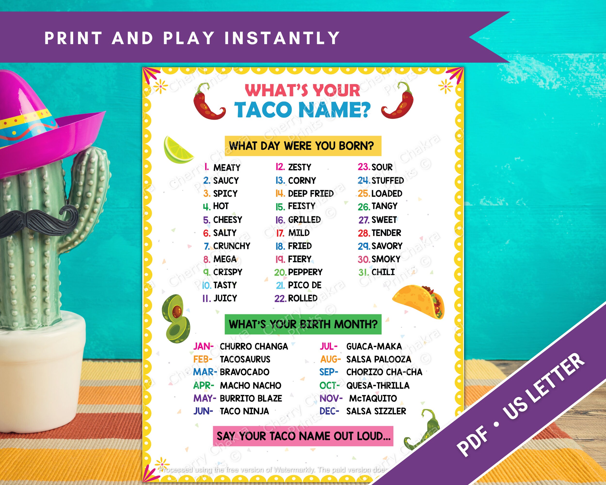 What's Your Taco Name Game Cinco De Mayo Mexican Party - Etsy