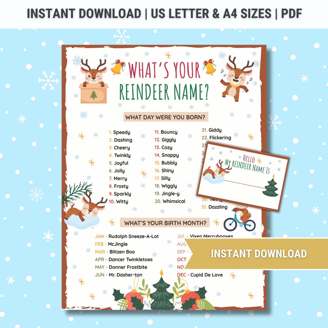 What's Your Reindeer Name Game With Name Tags & Sign, Fun Christmas ...