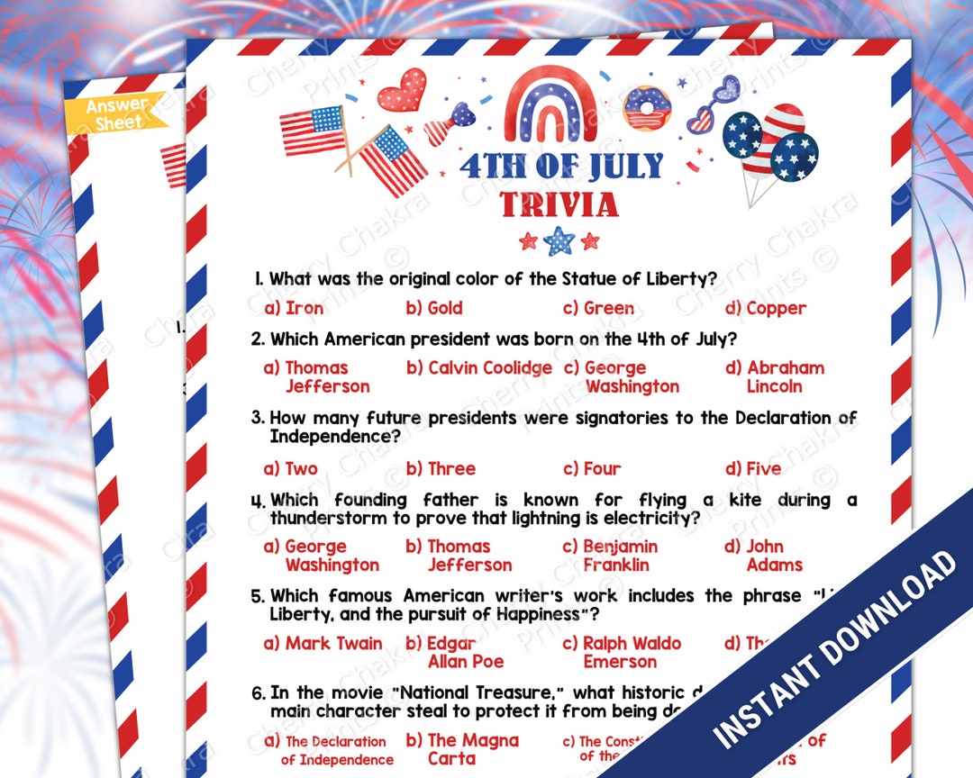 4th of July Patriotic Trivia Game, Printable Independence Day Fun Party ...
