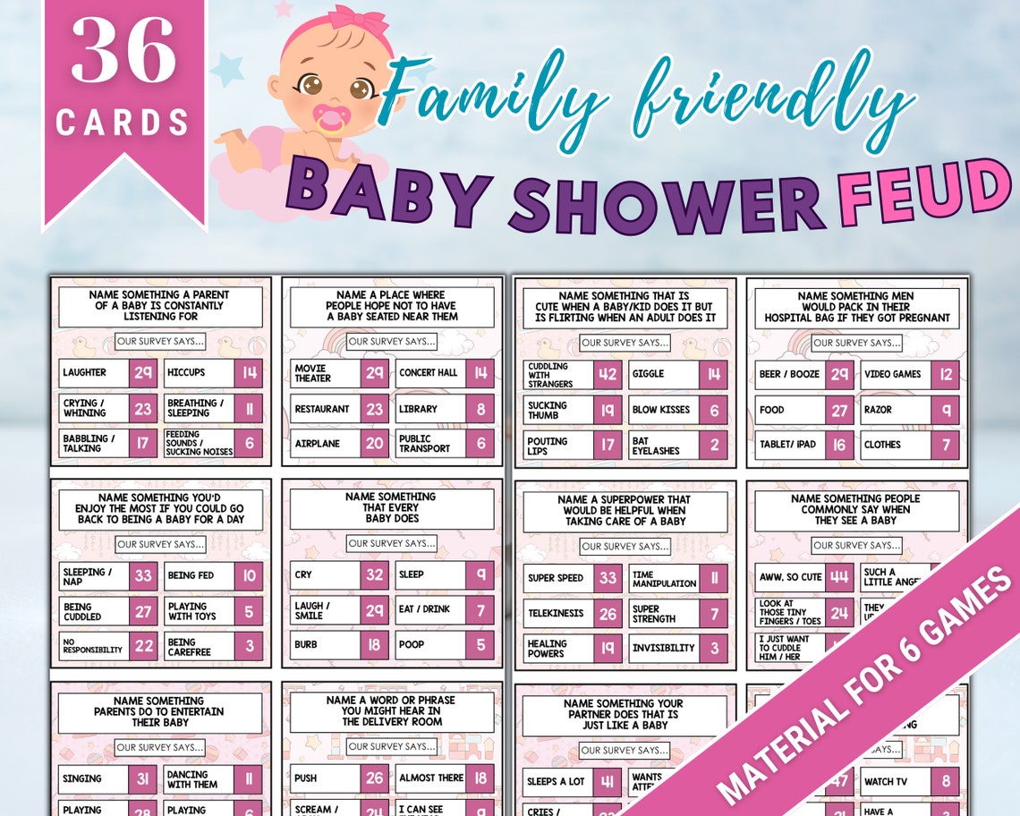 Fun Family-friendly Baby Shower Feud Game Pink - the Hilarious Party ...