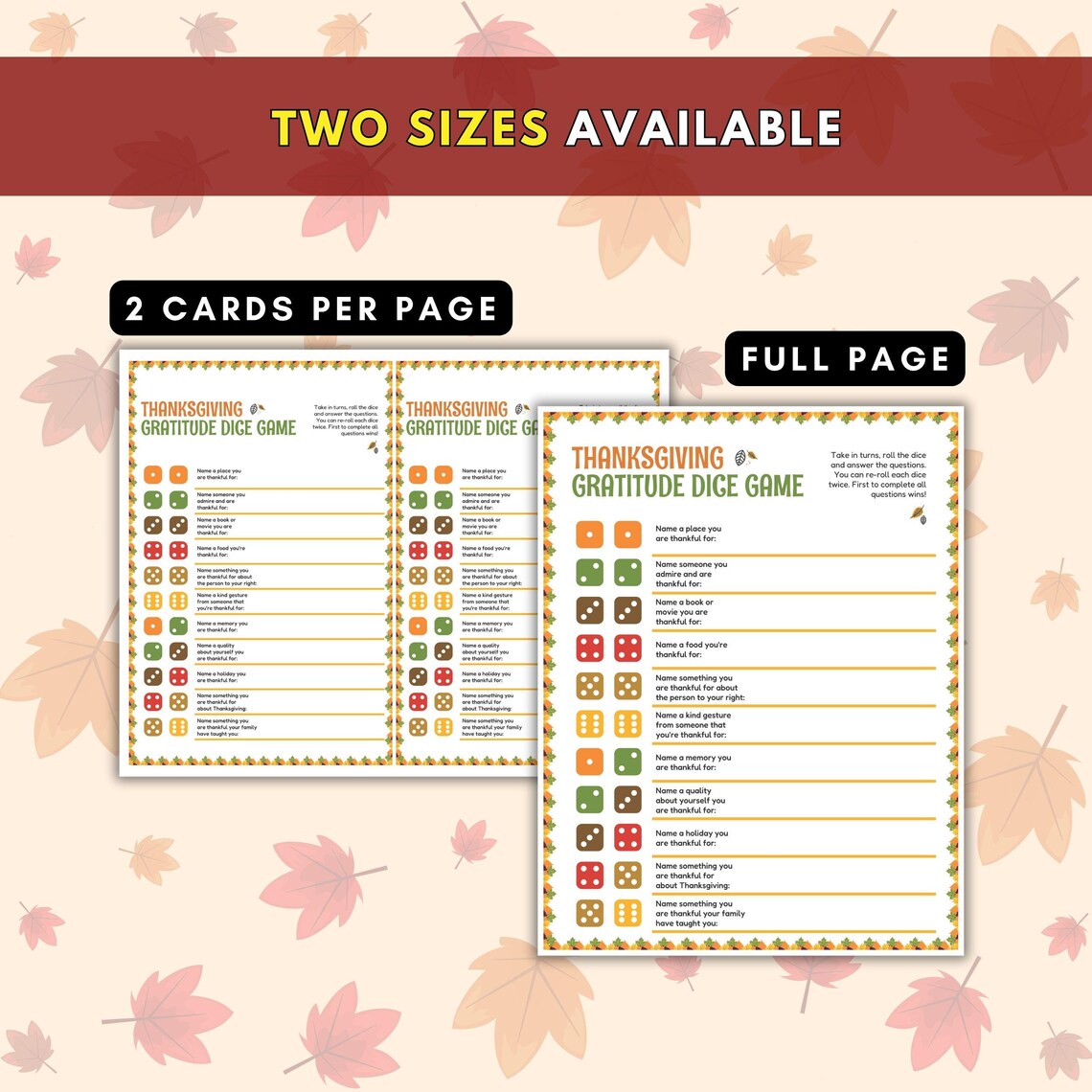 Thanksgiving Gratitude Dice Game, Thanksgiving Printable Game for Kids ...