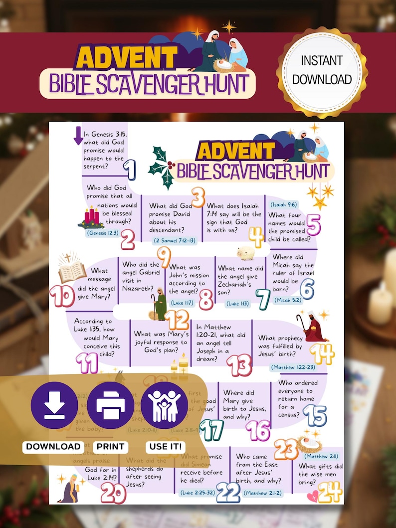 Advent Bible Scavenger Hunt Printable, 24 Days of Christmas Activity ...