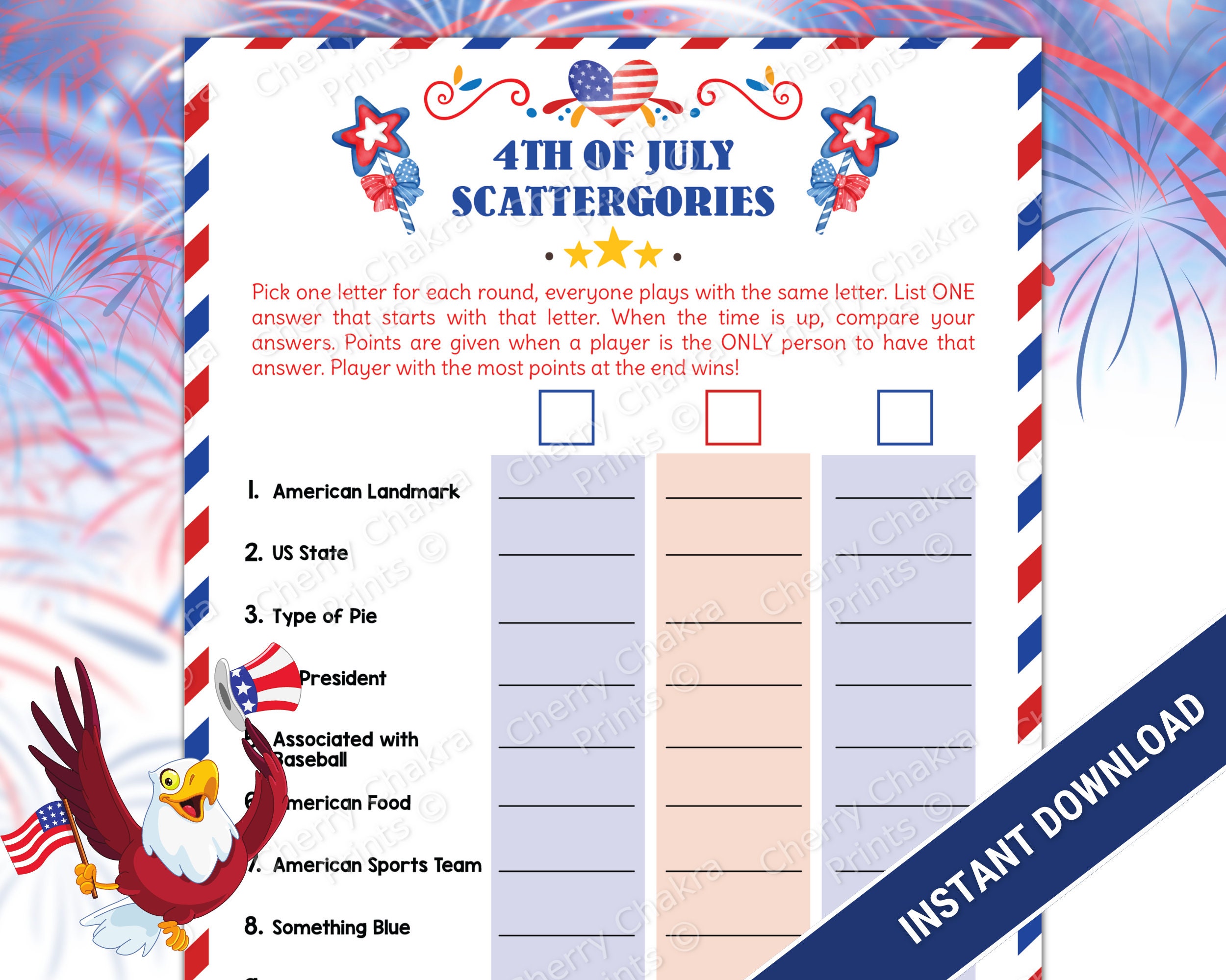 4th of July Scattergories Game, Printable Independence Day Games ...