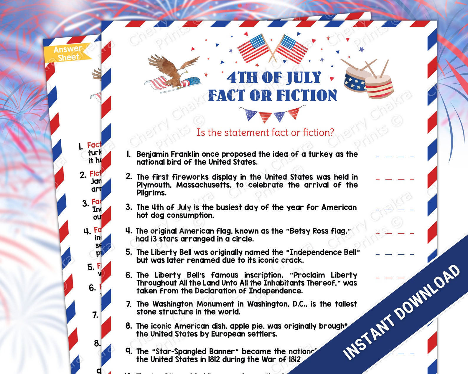 4th of July Patriotic Fact or Fiction Game, Printable Independence Day ...