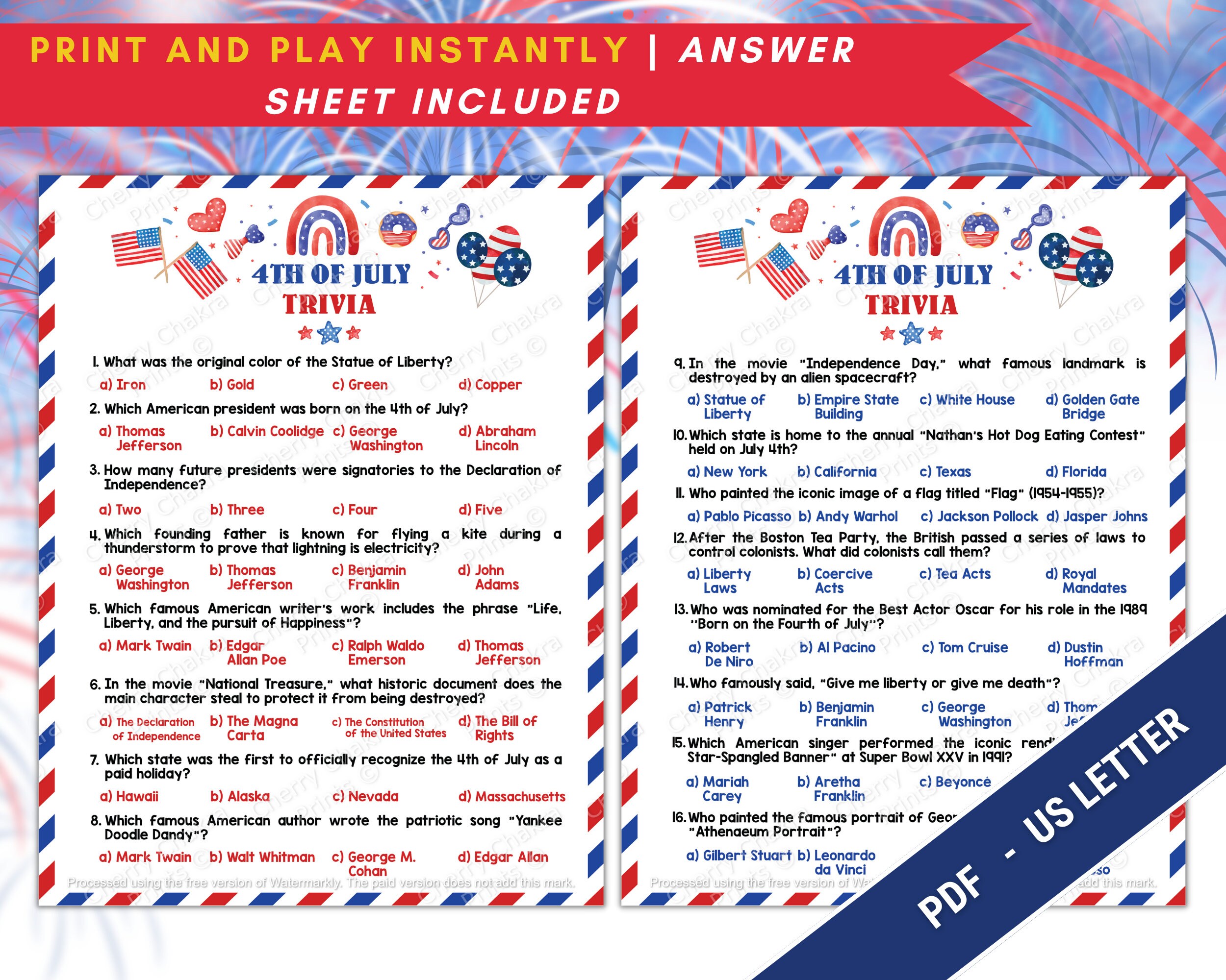 4th of July Patriotic Trivia Game, Printable Independence Day Fun Party ...