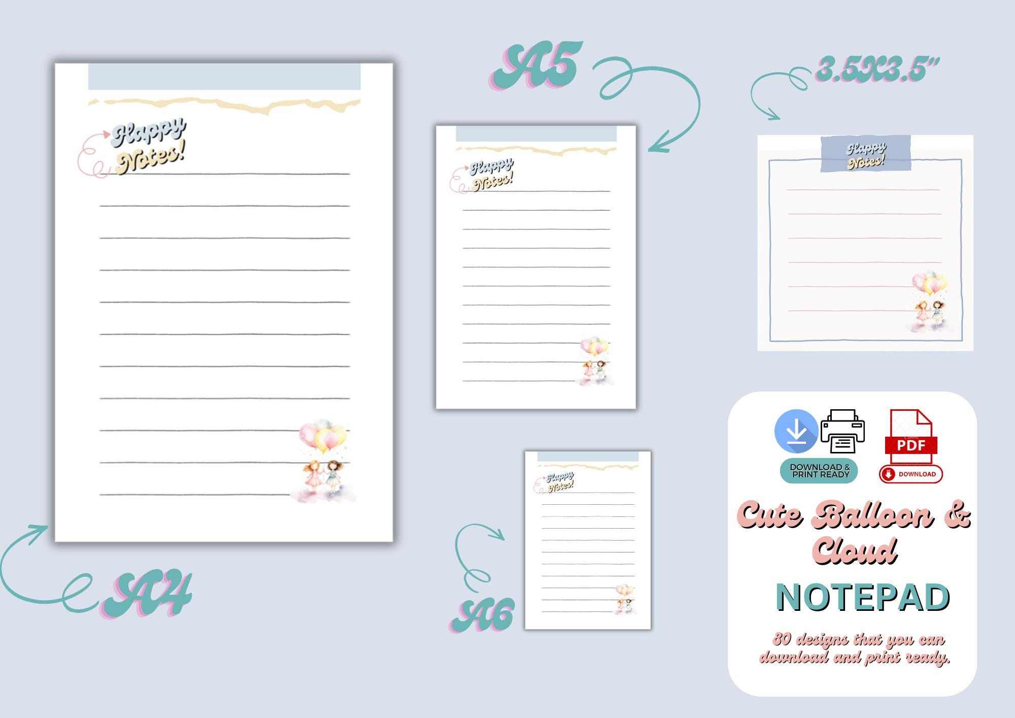 Multi Size Balloons & Clouds Design Notepad I 3.5x3.5 I 3.5x5 I A5 I A4 ...