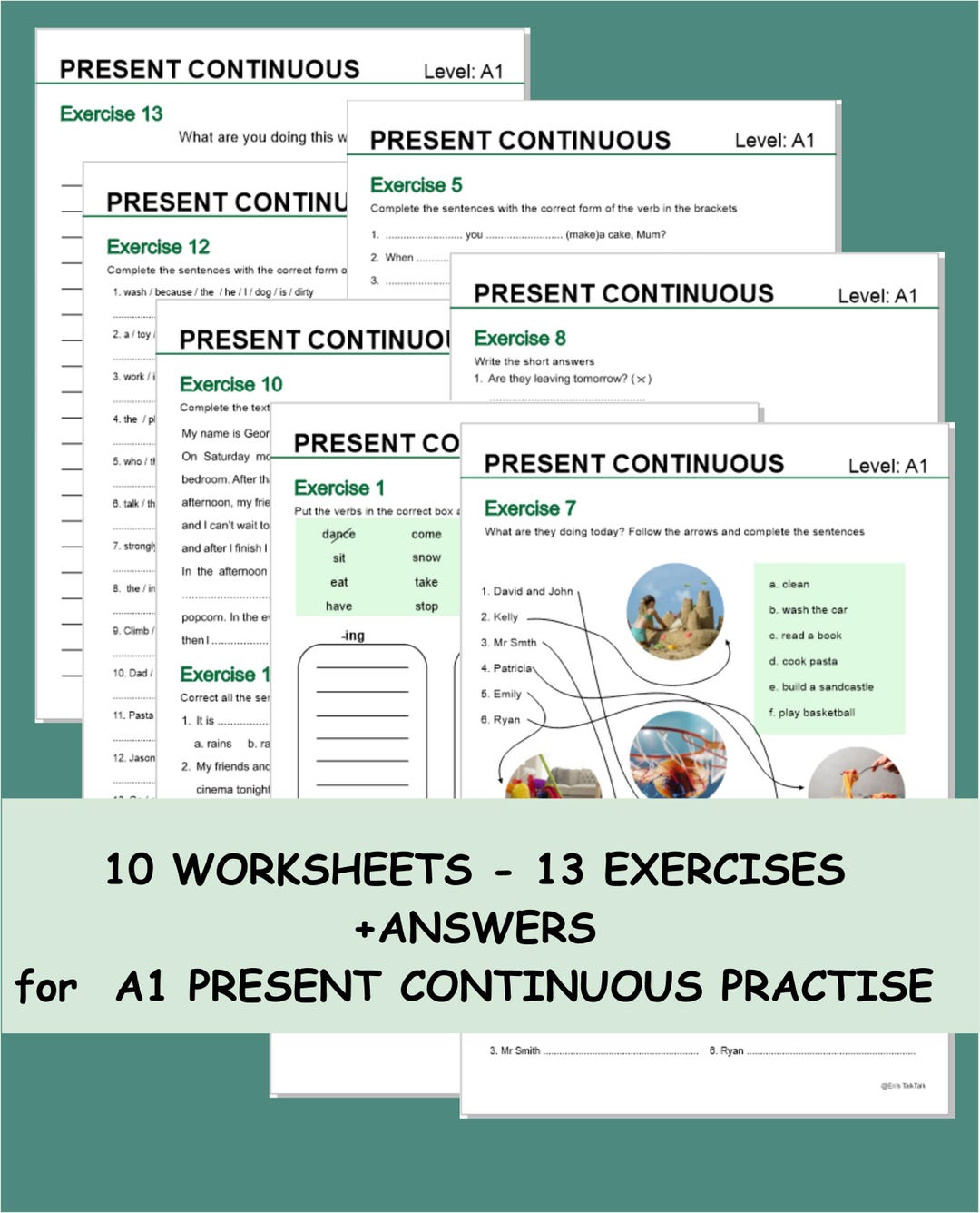 10 Worksheets 13 Exercises Bundle Present Continuous for Level A1 ...