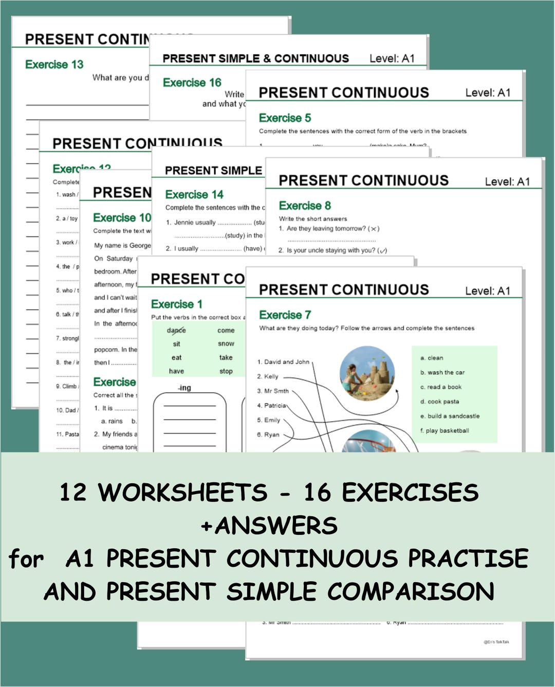 12 Worksheets 16 Exercises Bundle Present Continuous and Present Simple ...