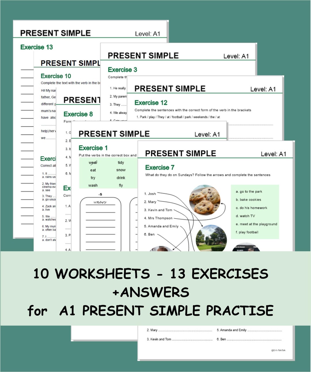 10 Worksheets 13 Exercises Bundle Present Simple for Level A1 ...