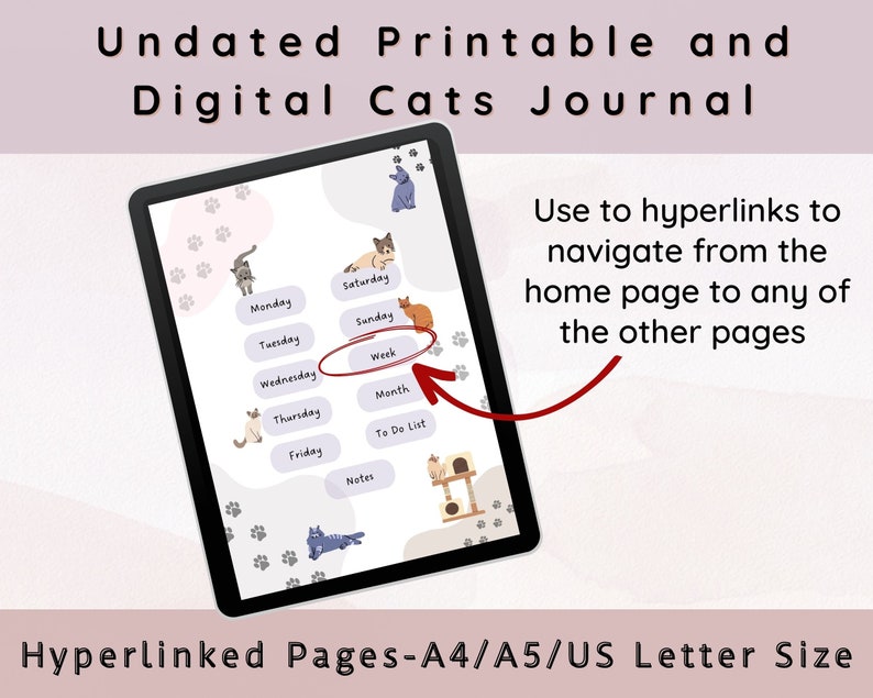 Cats Digital Planner, Kitty Printable Planner Bundle, Cute Cats Journal ...