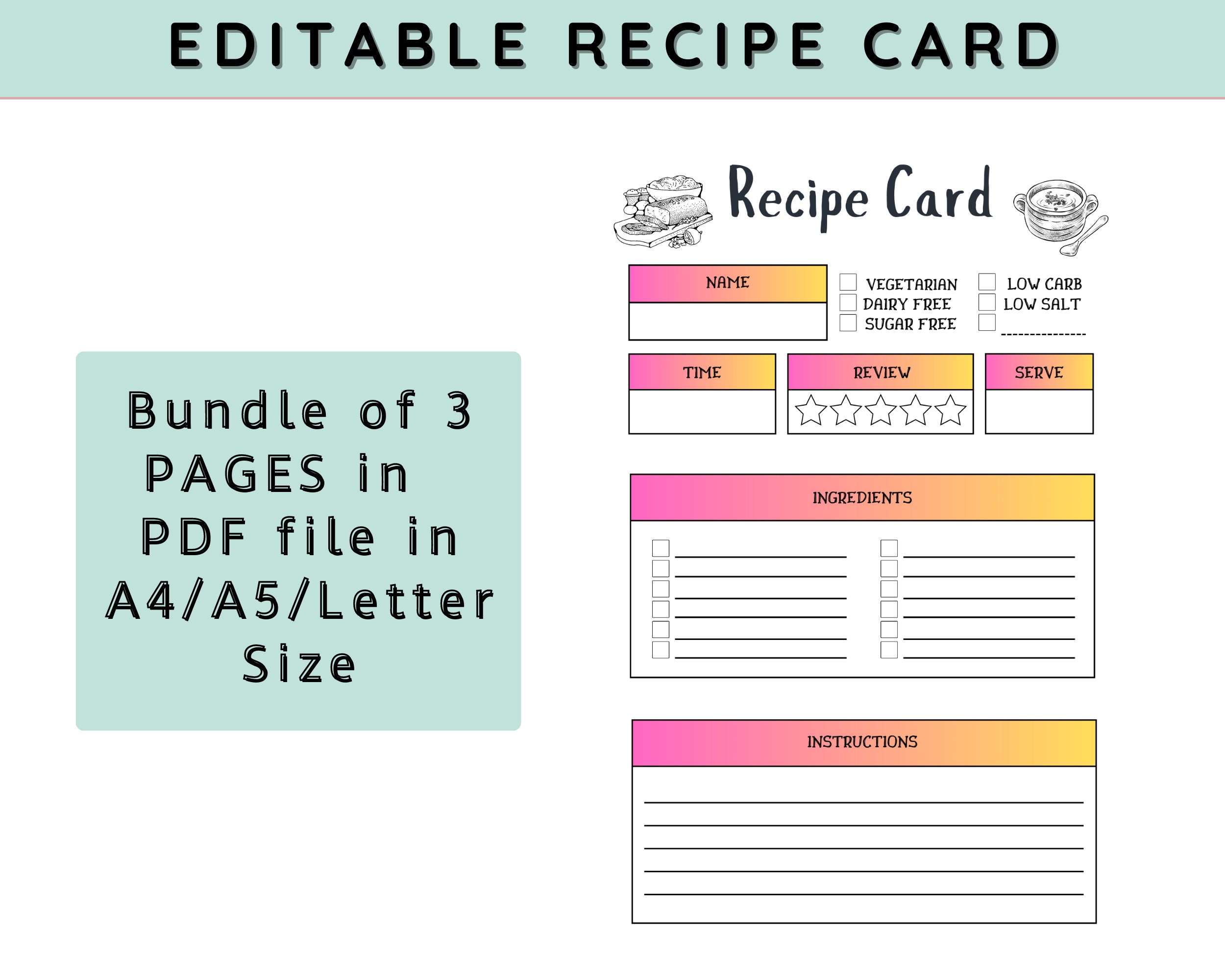 Recipe Template, Digital Recipe Card, Printable Recipe Template ...
