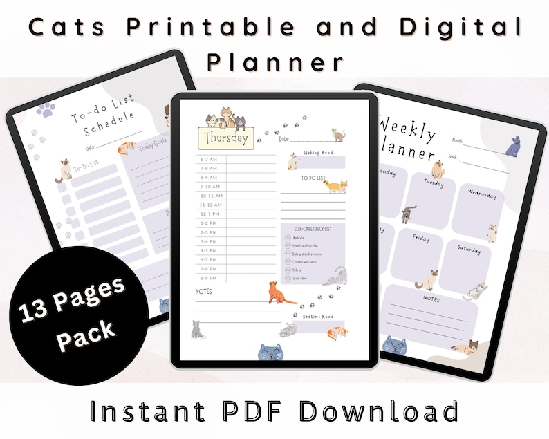 Cats Digital Planner, Kitty Printable Planner Bundle, Cute Cats Journal ...
