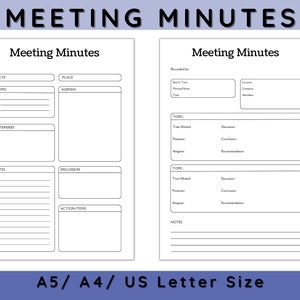 Meeting Minutes Template Planner, Digital Printable Planner, Undated ...