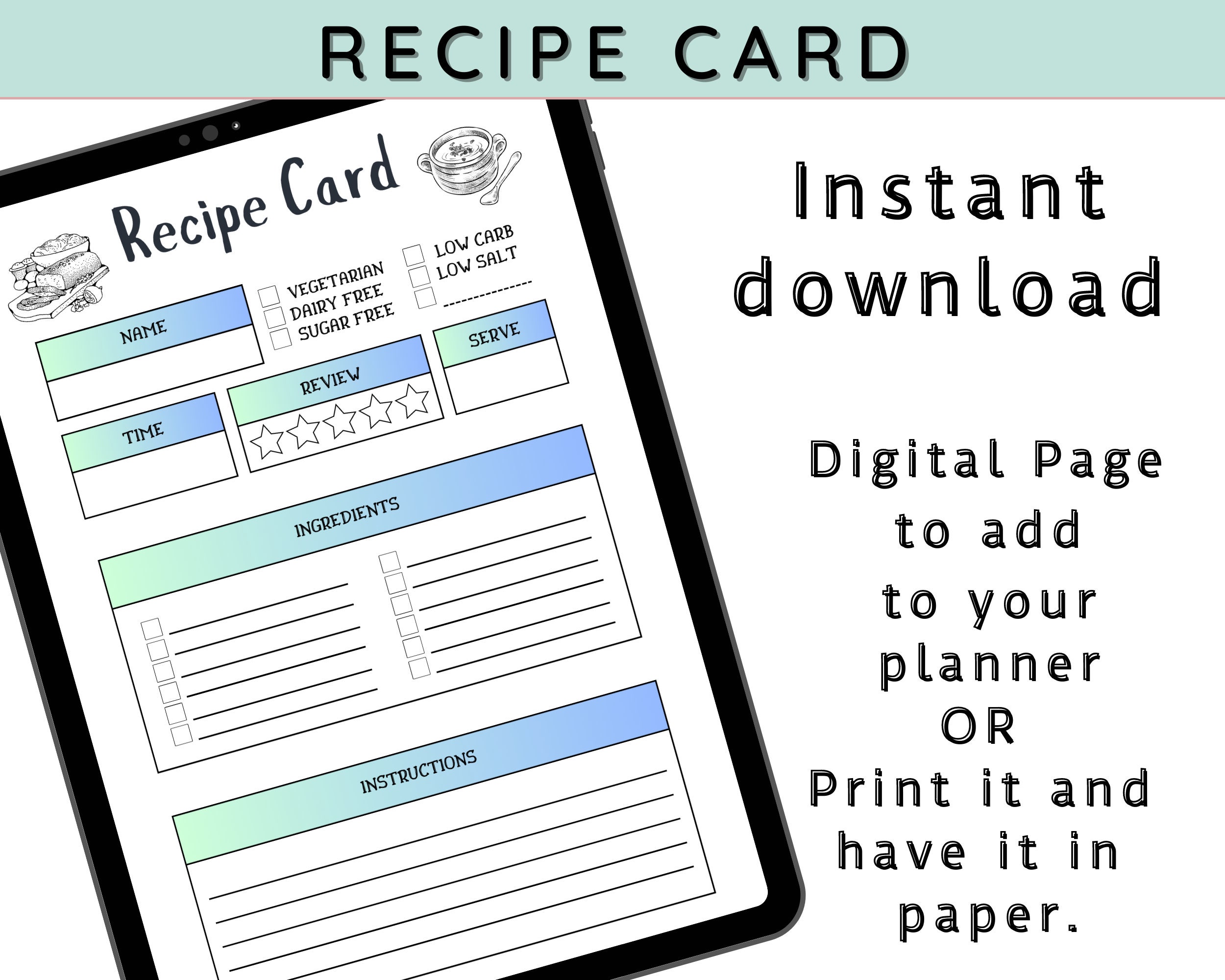 Recipe Template, Digital Recipe Card, Printable Recipe Template ...