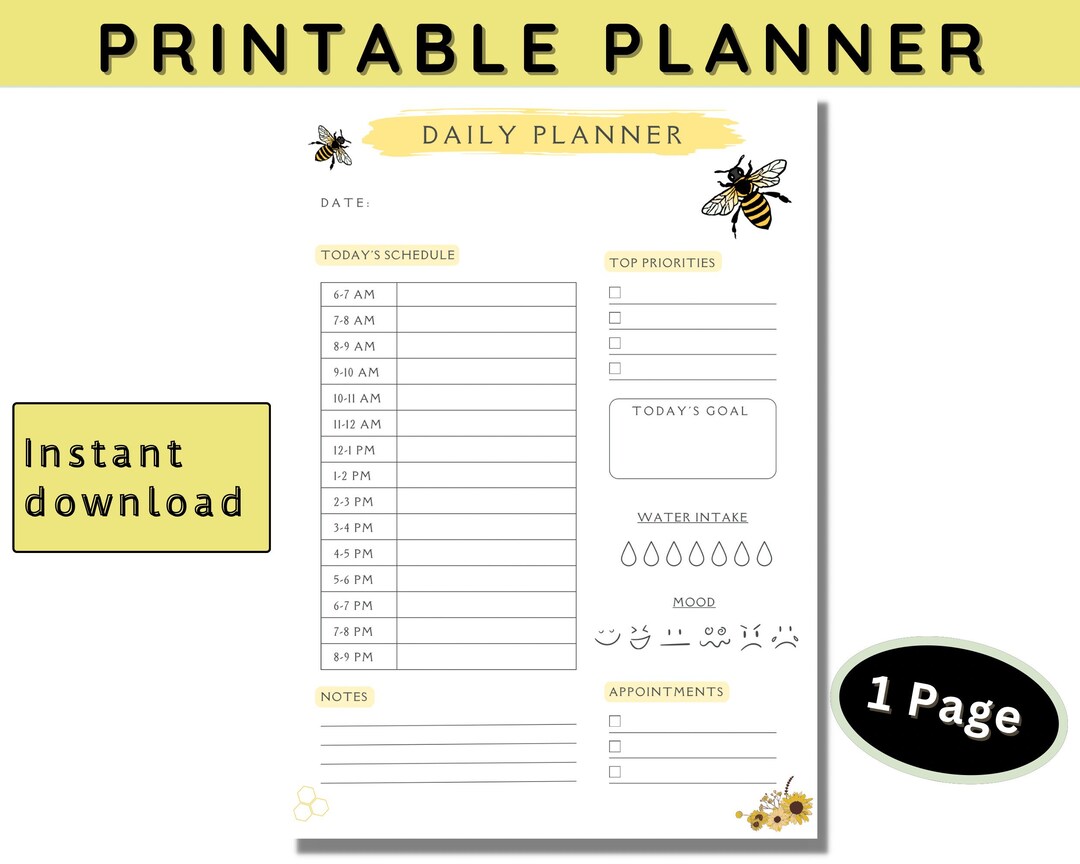 Digital Printable Planner, Undated Bee One Page Daily Schedule ...