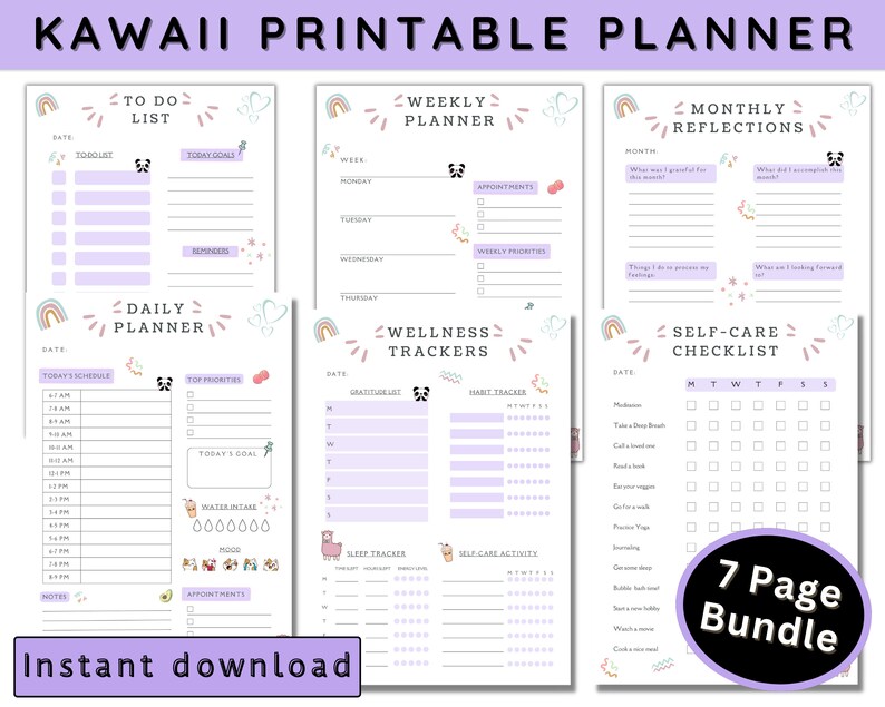 Digital Printable Planner, Kawaii Undated Journal Bundle, Daily Weekly ...