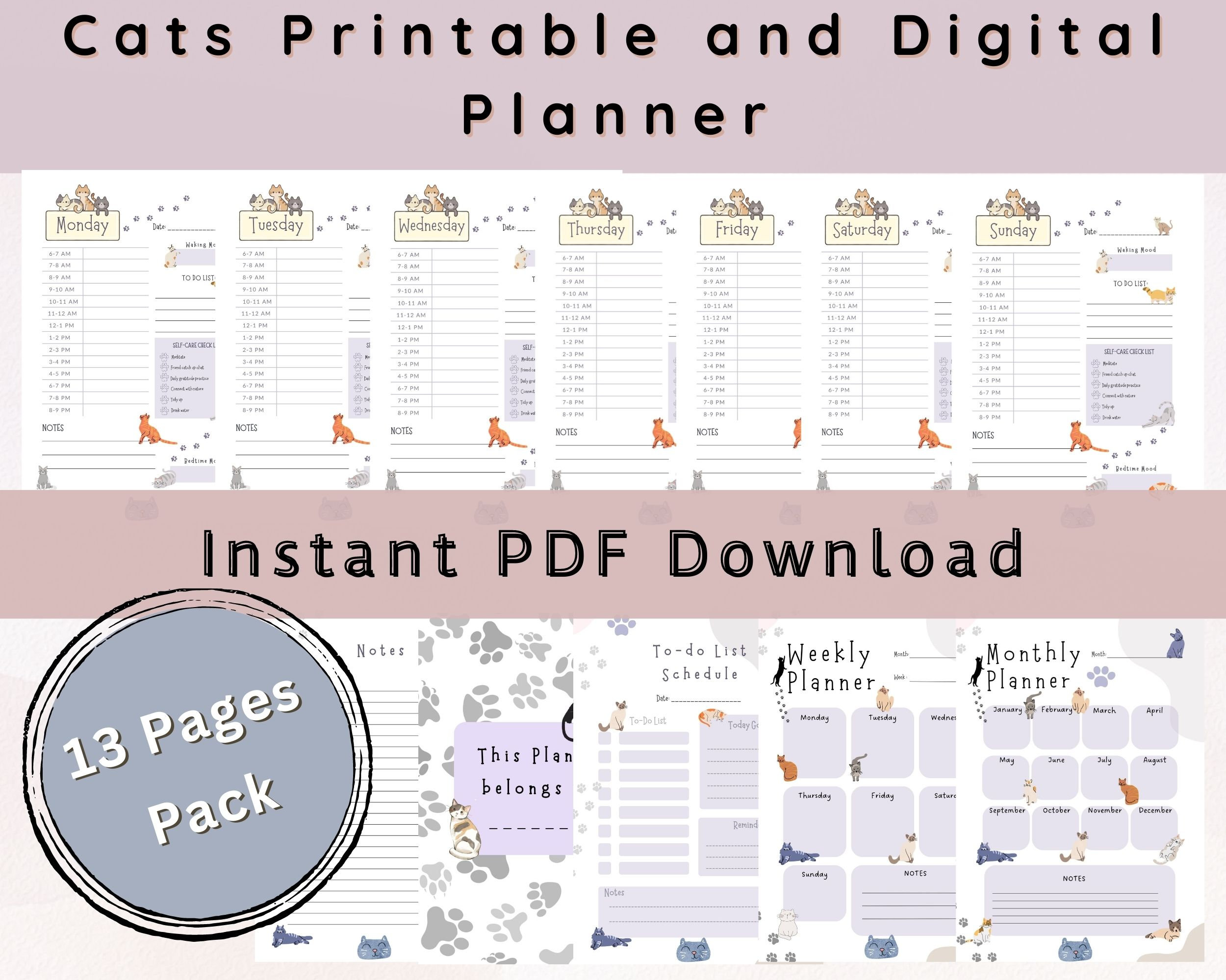 Cats Digital Planner, Kitty Printable Planner Bundle, Cute Cats Journal ...