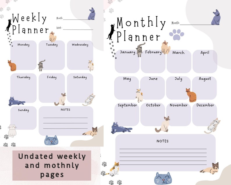 Cats Digital Planner, Kitty Printable Planner Bundle, Cute Cats Journal ...