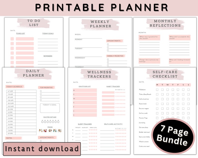 Digital Printable Planner, Undated Minimalist Journal Bundle, Daily ...