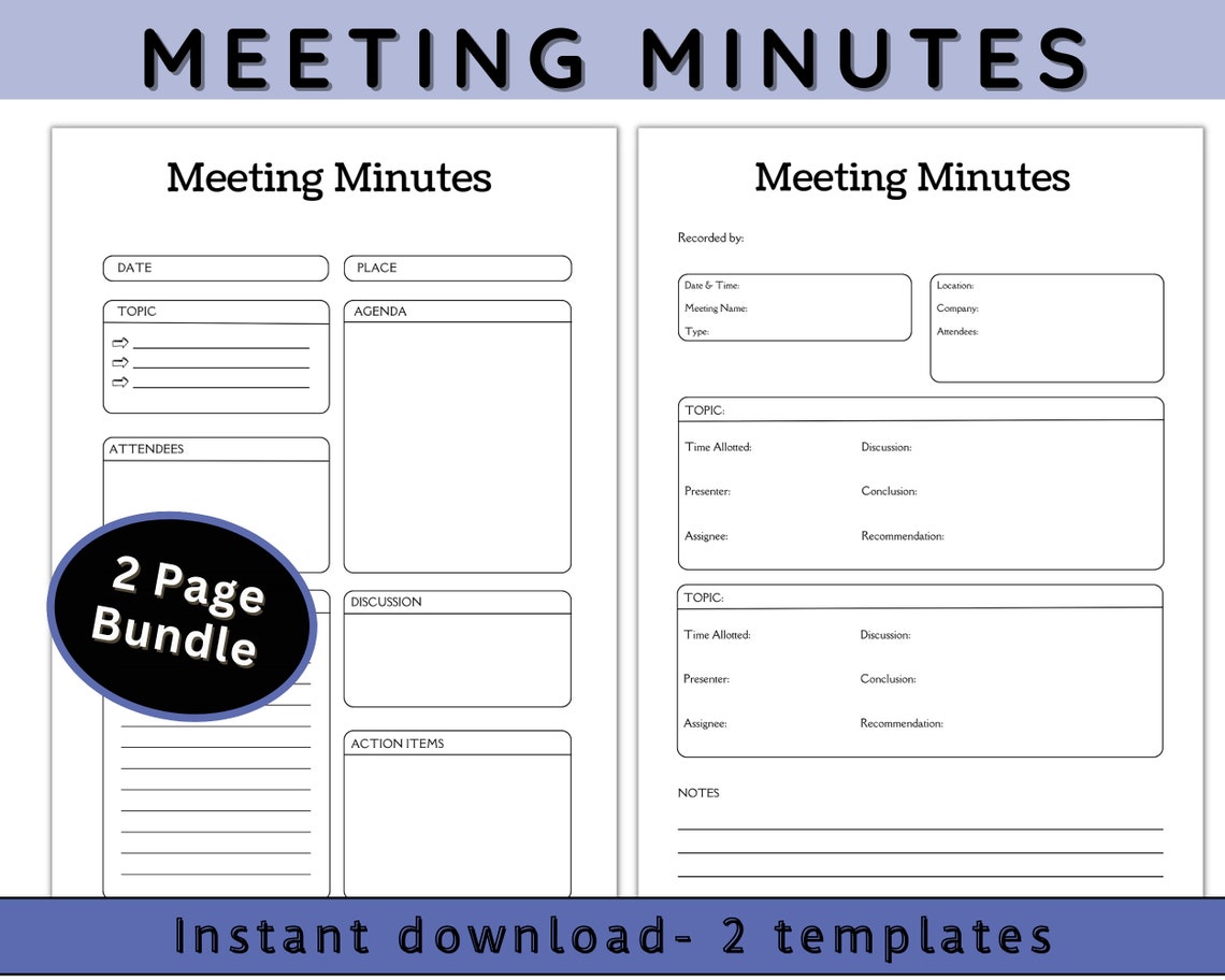 Meeting Minutes Template Planner, Digital Printable Planner, Undated ...