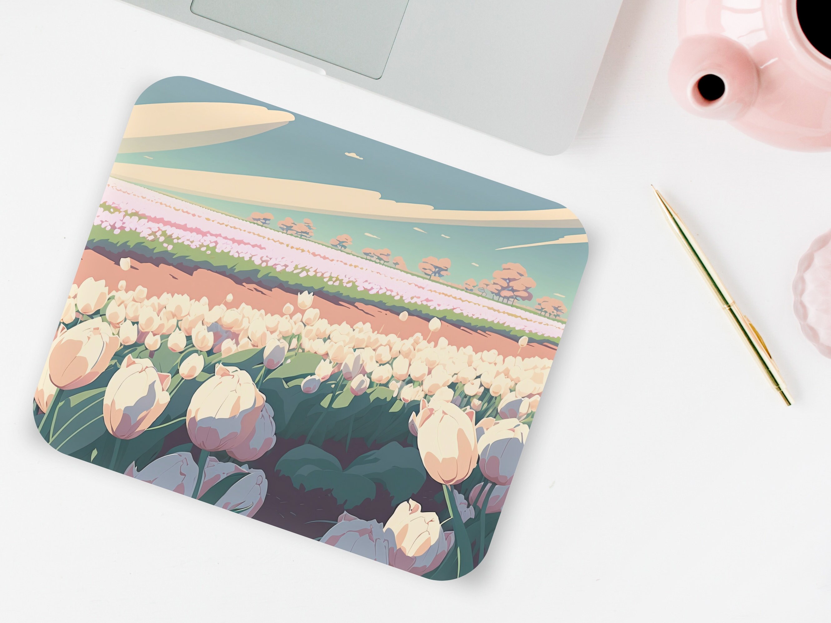 Pastel Tulip Field Mouse Pad, Kawaii Cute Flower Mouse Pad, Pink Purple ...